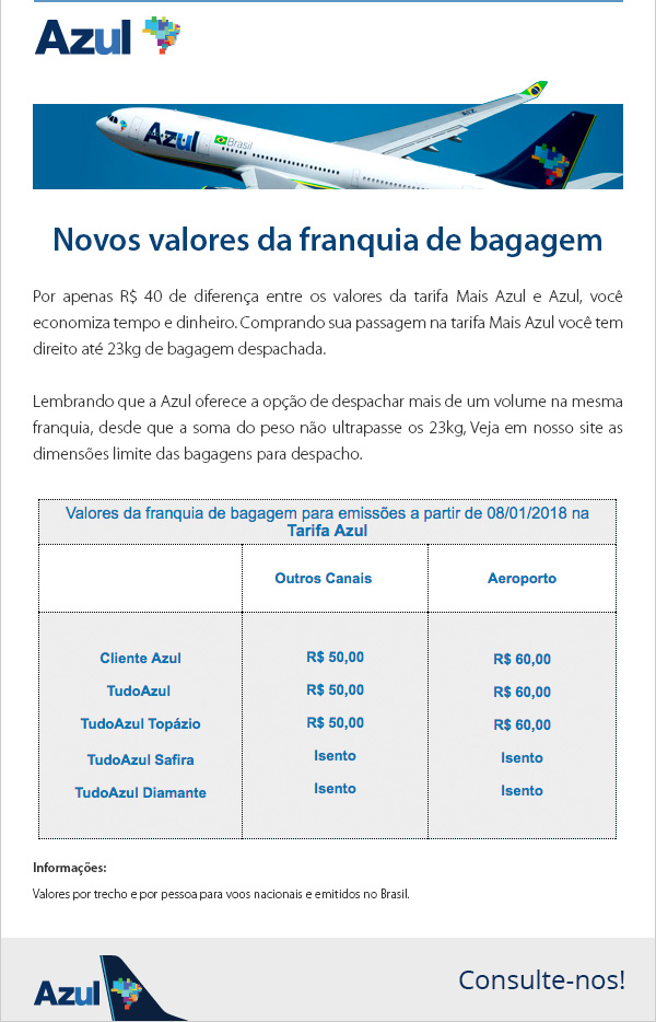 Azul - Novos valores para bagagem despachada | RexturAdvance