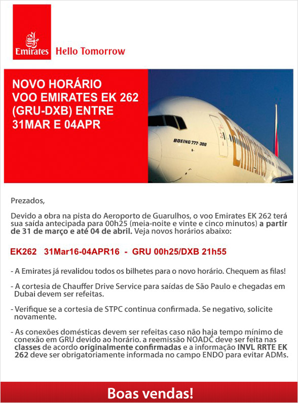 Novo horário EK 262 (GRU - DXB)